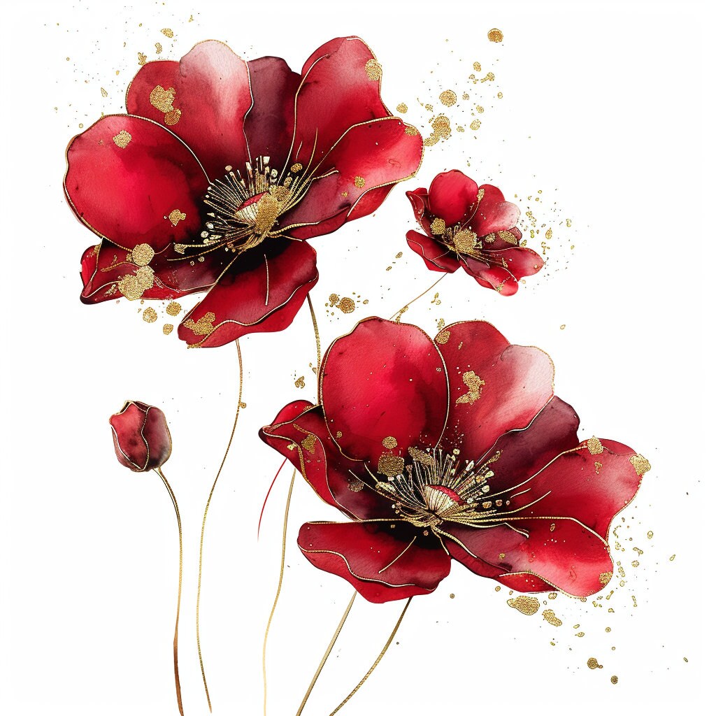 12 Red Flowers Clipart, Red Floral Print, Printable Watercolor Clipart ...