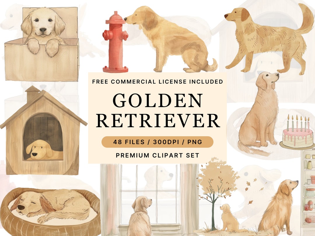 Watercolor Golden Retriever Puppies Clipart, Golden Retriever PNG, Cute ...