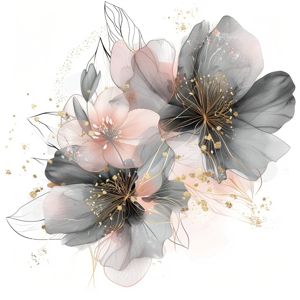 10 Pink and Grey Flowers Clipart, Floral Print, Printable Watercolor ...