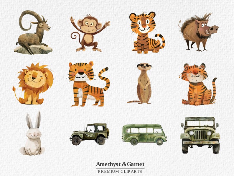 Cute Safari Animals Watercolor Commercial Use Clipart, Baby Shower ...