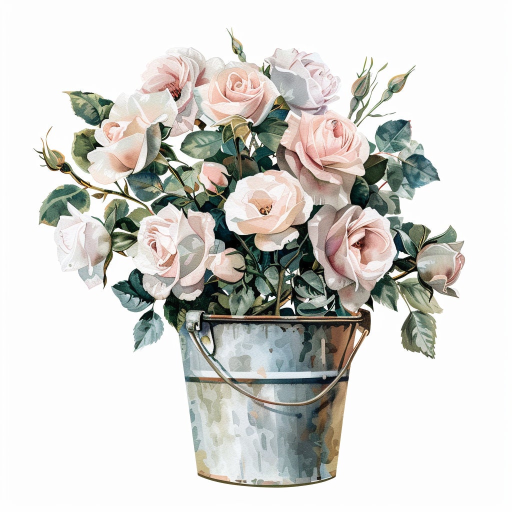 Watercolor Flower Bucket Clipart, 10 High Quality Jpgs, Junk Journaling ...