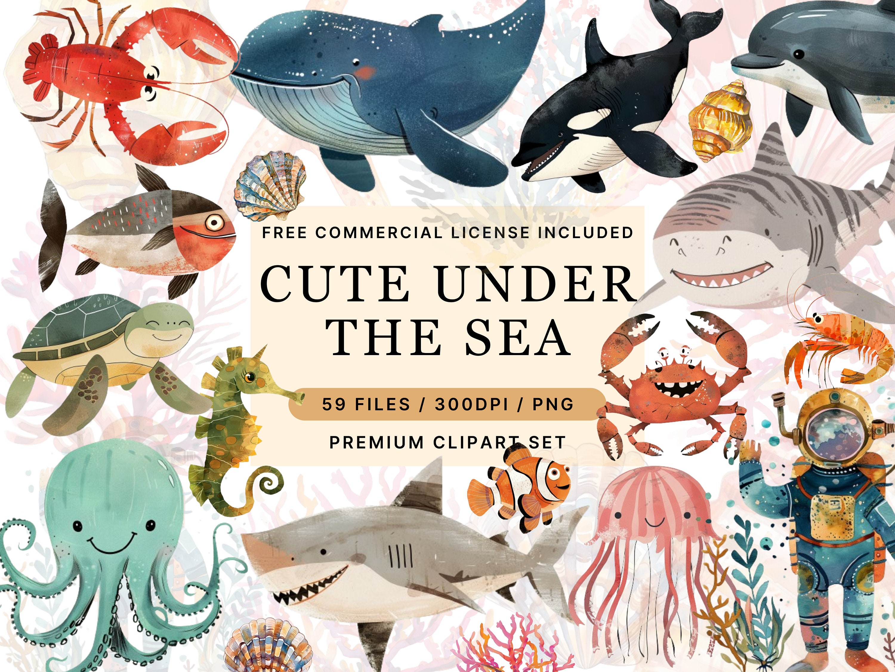 Cute Undersea Watercolor Clipart Bundle Nursery Decor, Baby Wall Art ...