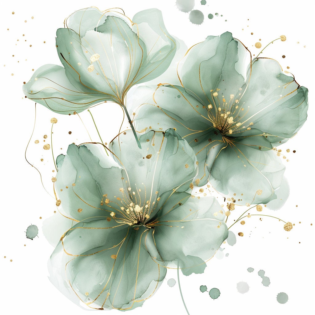 12 Green Flowers Clipart, Green Floral Print, Printable Watercolor ...