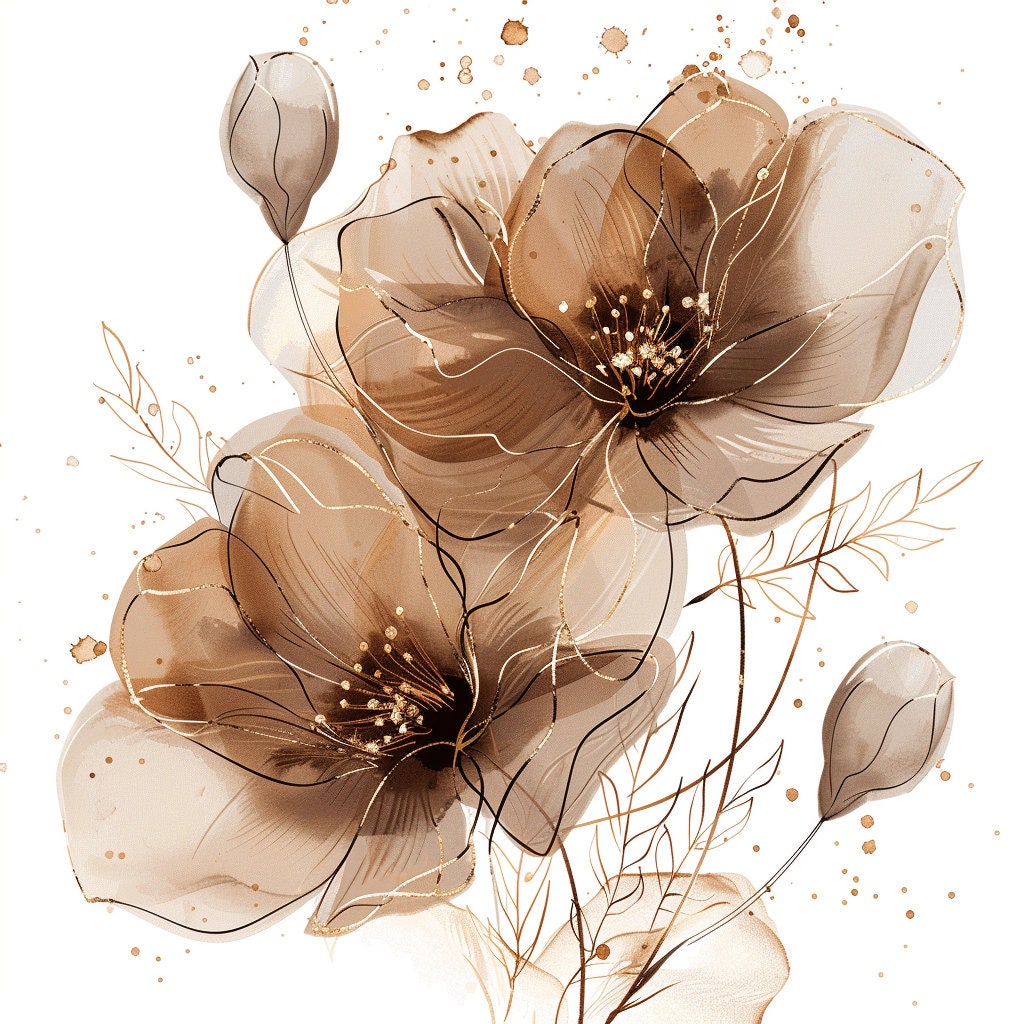 12 Brown Flowers Clipart, Brown Floral Print, Printable Watercolor ...