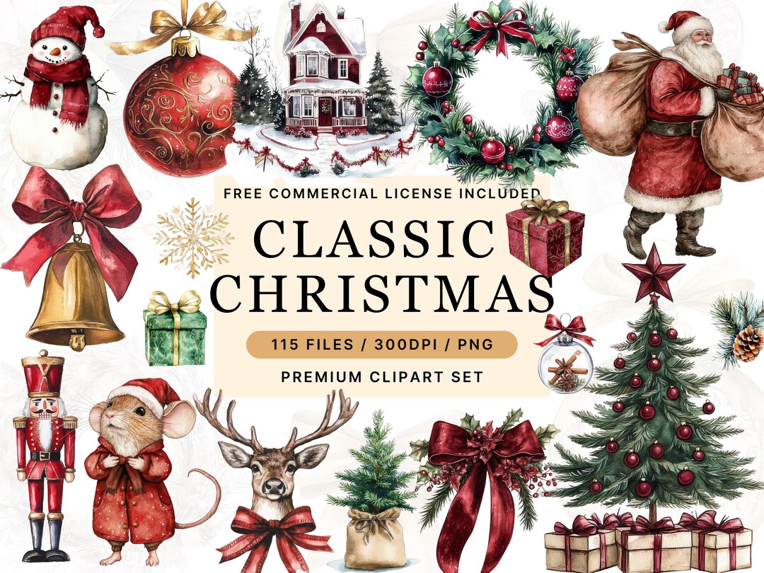 Classic Christmas Watercolor Christmas Clipart Classic Christmas PNG ...