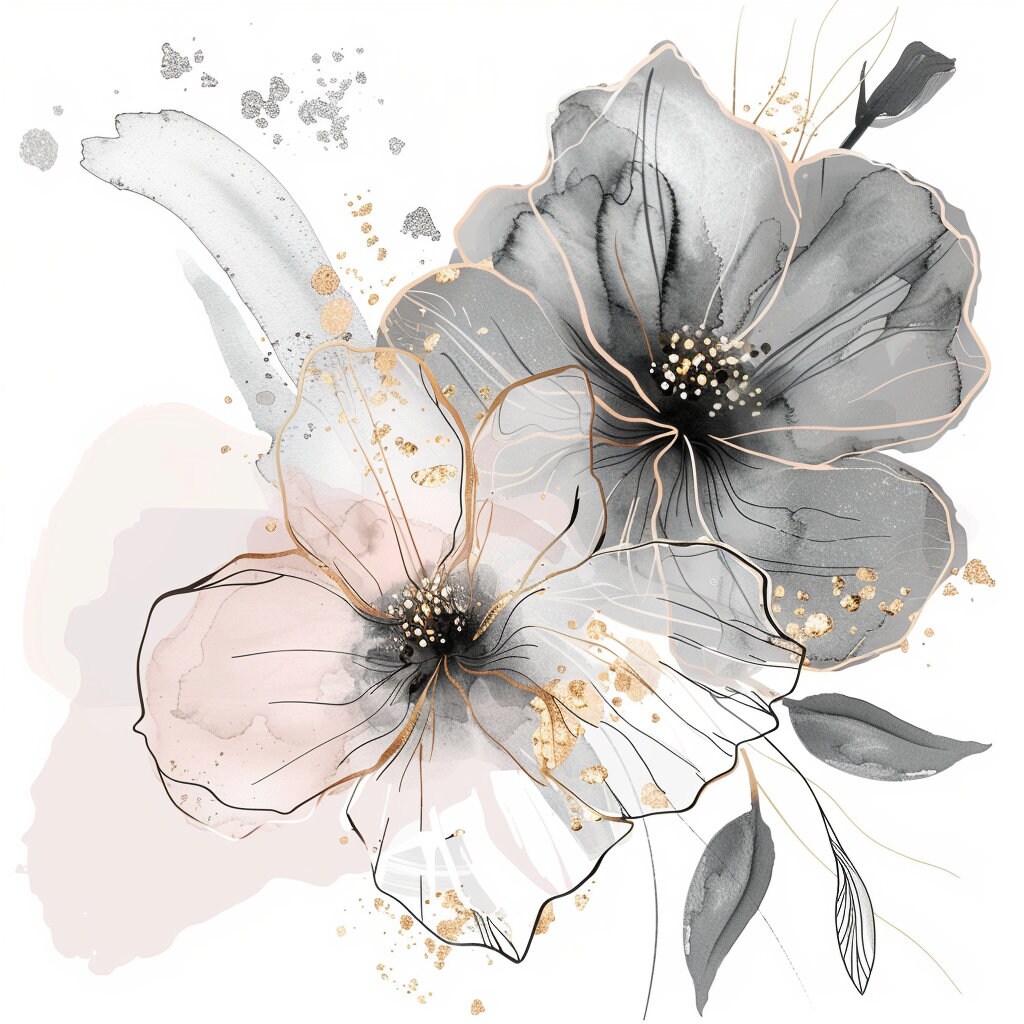 10 Pink and Grey Flowers Clipart, Floral Print, Printable Watercolor ...