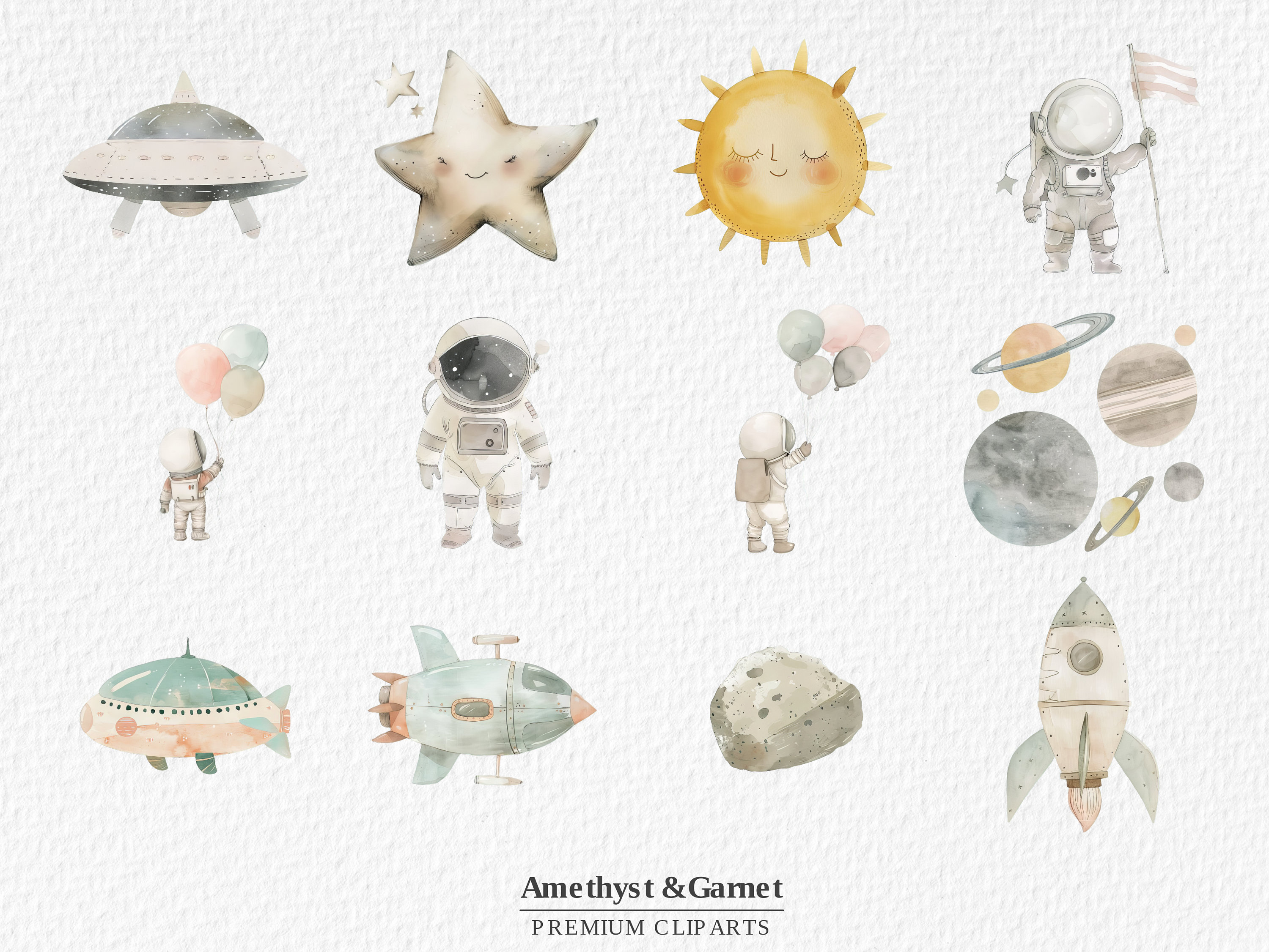 Watercolor Space Clipart Bundle, Sun Watercolor Clipart, Astronaut ...