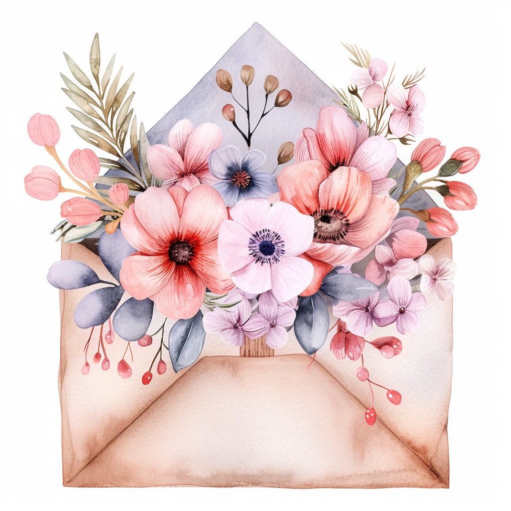 9 Watercolor Vintage Floral Envelope Cliparts, Printable Watercolor ...