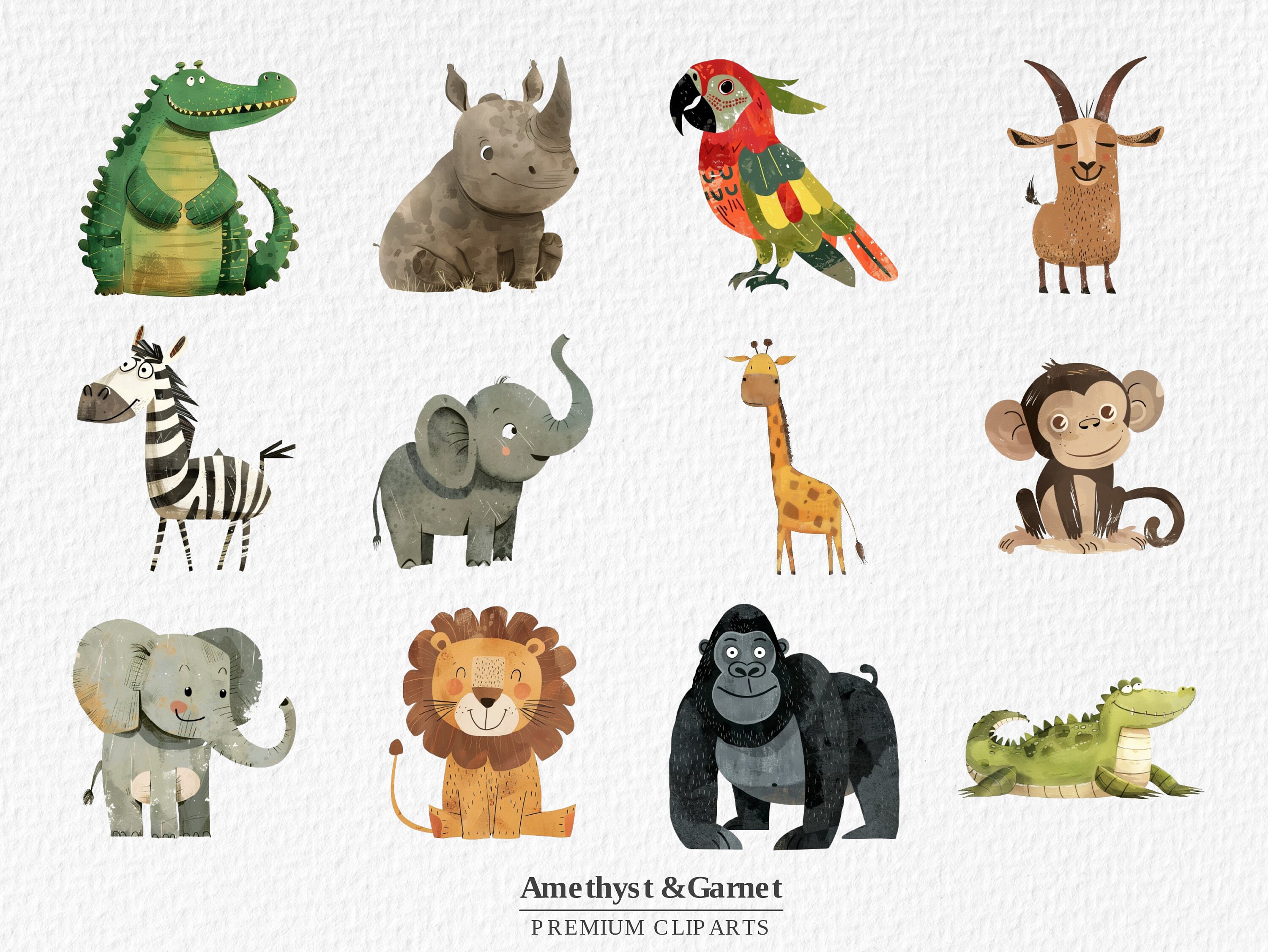 Cute Safari Animals Watercolor Commercial Use Clipart, Baby Shower ...