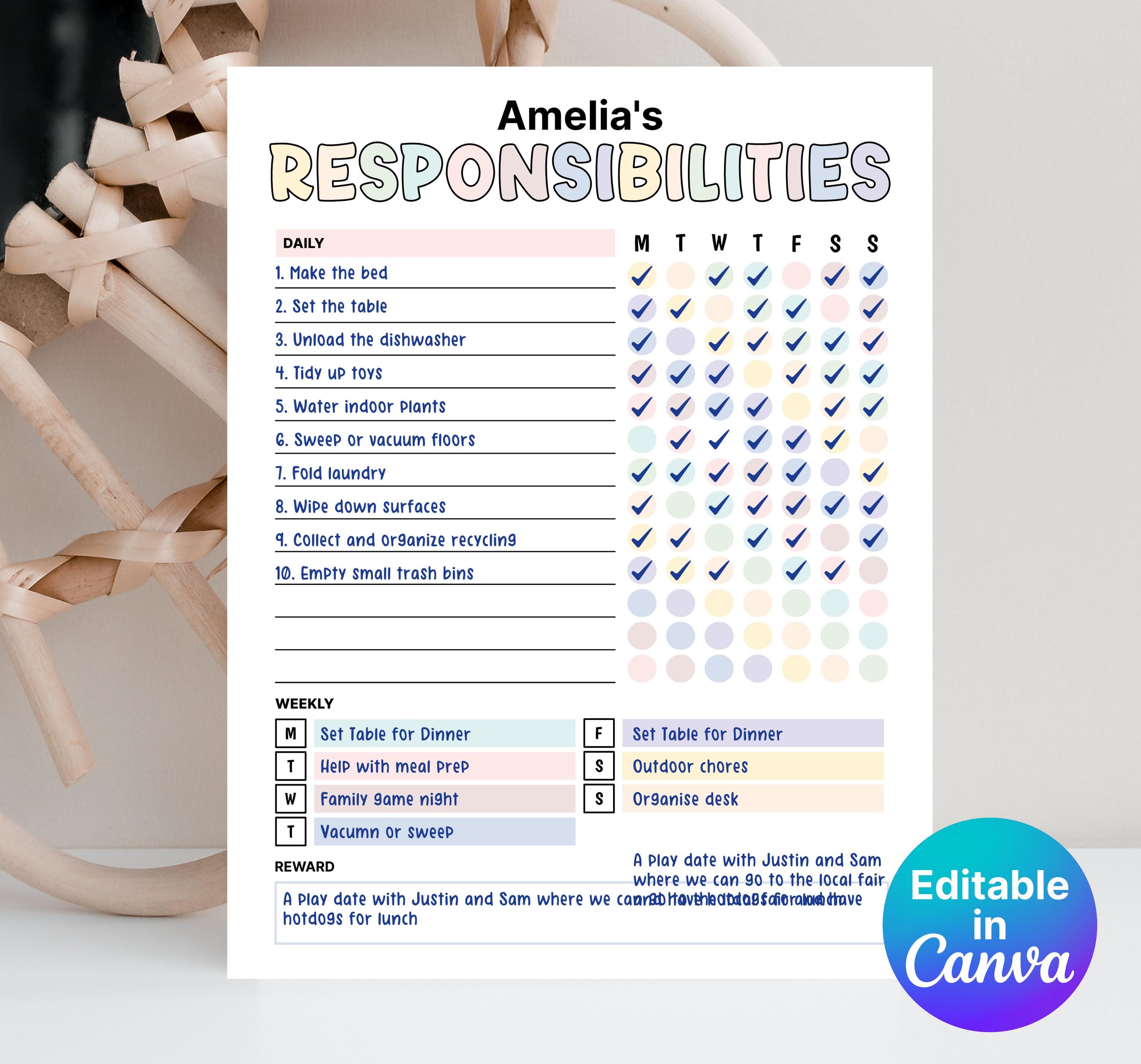 Editable Responsibility Chore Chart for Kids Printable Kids Daily ...