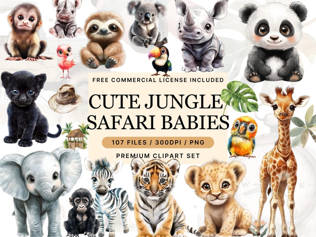 Cute Jungle Animals Clipart, Safari Baby Animal PNG, Watercolor Animal ...