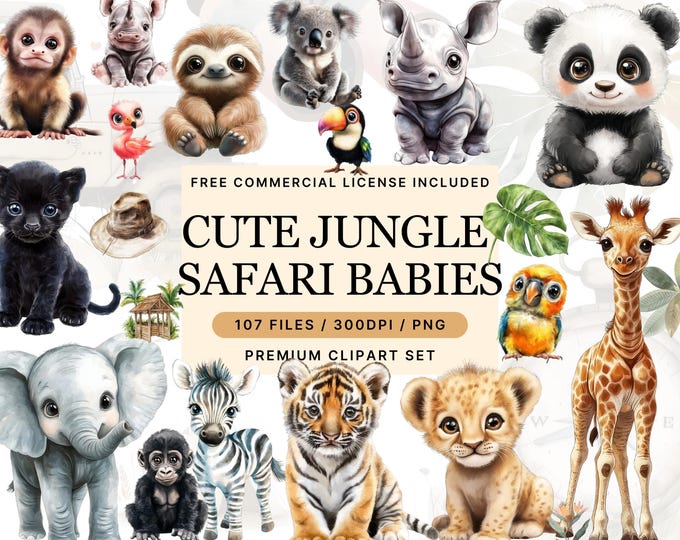 Cute Jungle Animals Clipart, Safari Baby Animal PNG, Watercolor Animal ...