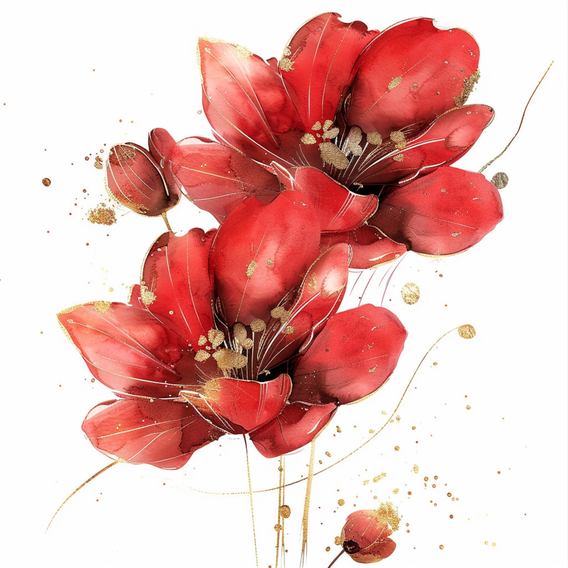 12 Red Flowers Clipart, Red Floral Print, Printable Watercolor Clipart ...