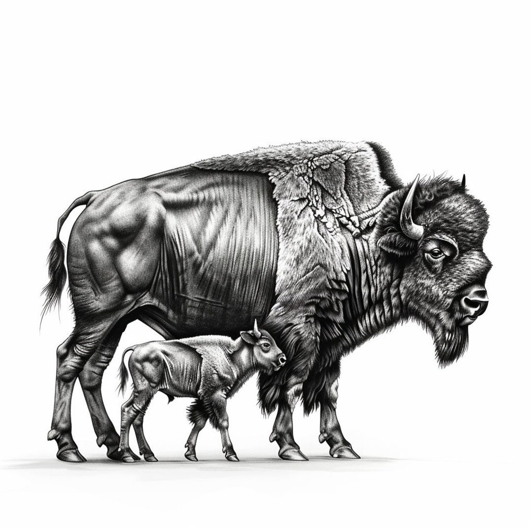 Charcoal Bison Clipart Black and White, 8 High-quality Jpgs, Line Art ...