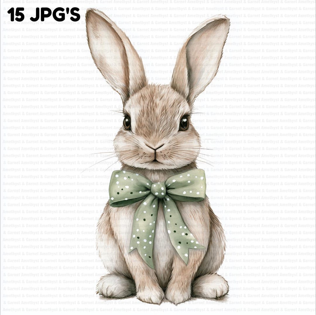 16 Cute Bunny With Bow Clipart L Cute Baby Bunny L JPG Digital Download ...