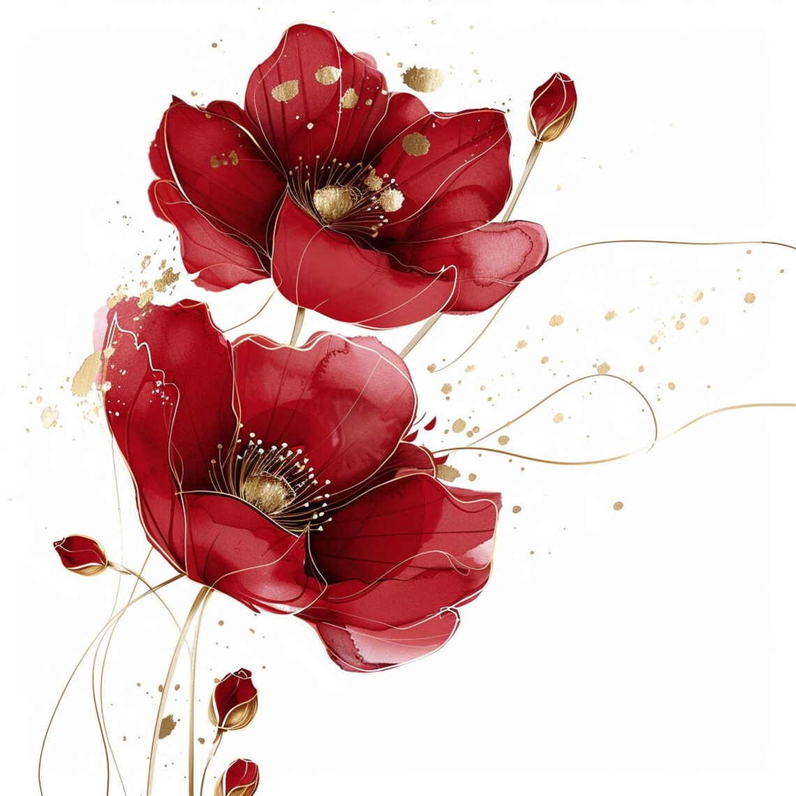 12 Red Flowers Clipart, Red Floral Print, Printable Watercolor Clipart ...