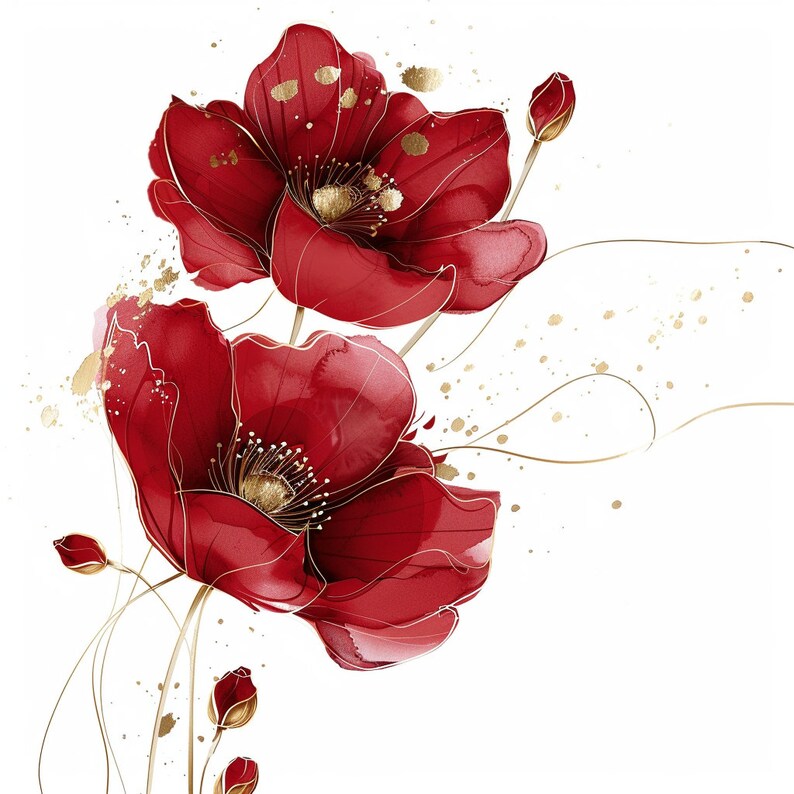 12 Red Flowers Clipart, Red Floral Print, Printable Watercolor Clipart ...