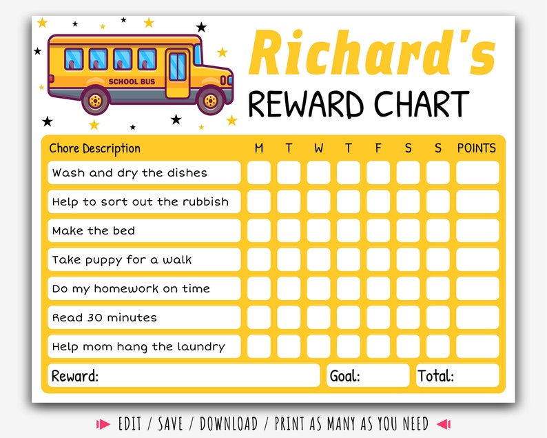 EDITABLE School Bus Reward Chart Behavior Chart Daily Chore - Etsy Ireland