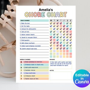 Editable Chore Chart for Kids Printable Kids Daily Weekly ...
