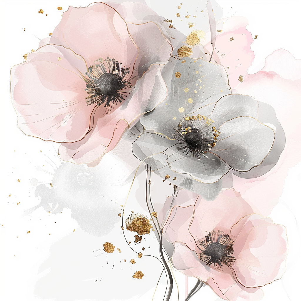 10 Pink and Grey Flowers Clipart, Floral Print, Printable Watercolor ...