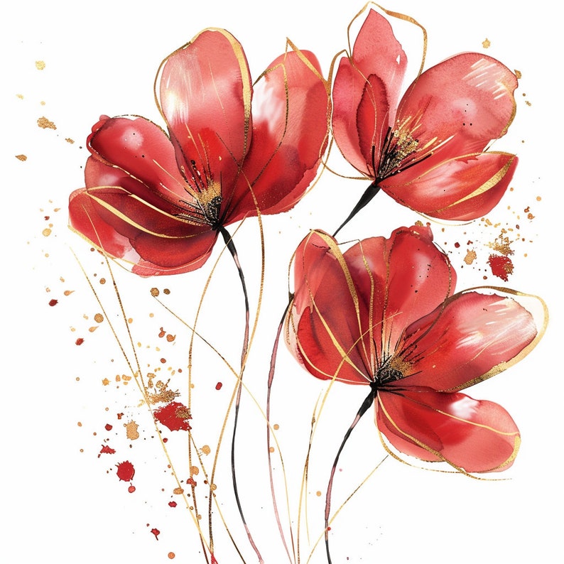 12 Red Flowers Clipart, Red Floral Print, Printable Watercolor Clipart ...