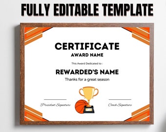 Basketball Award Certificate Editable Canva Template Printable Award ...