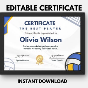 Editable Volleyball Certificate Award Template Printable Personalized ...