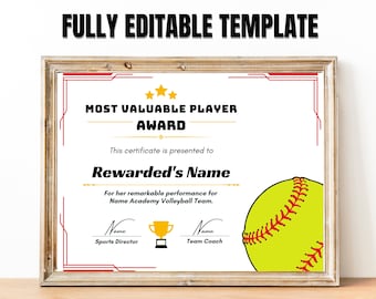 Editable Softball Award Certificate Template | Canva Template ...