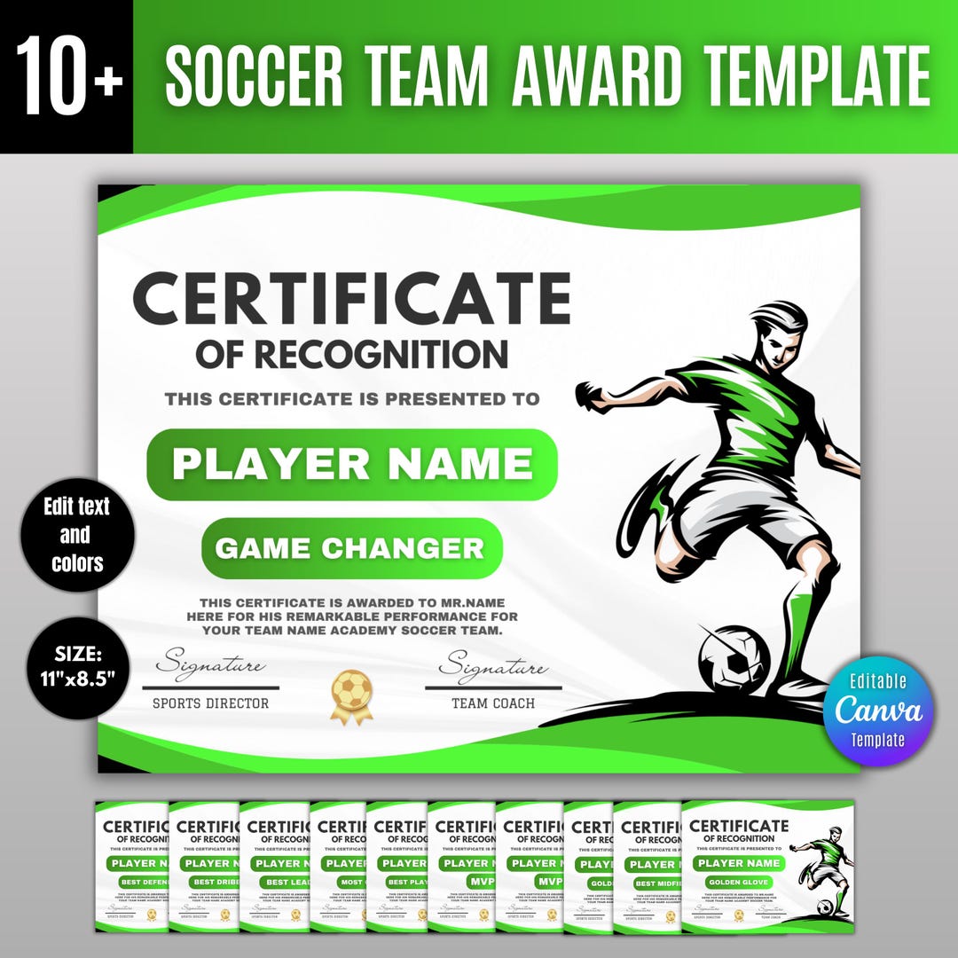 Editable Soccer Award Certificate Template (canva) - Etsy