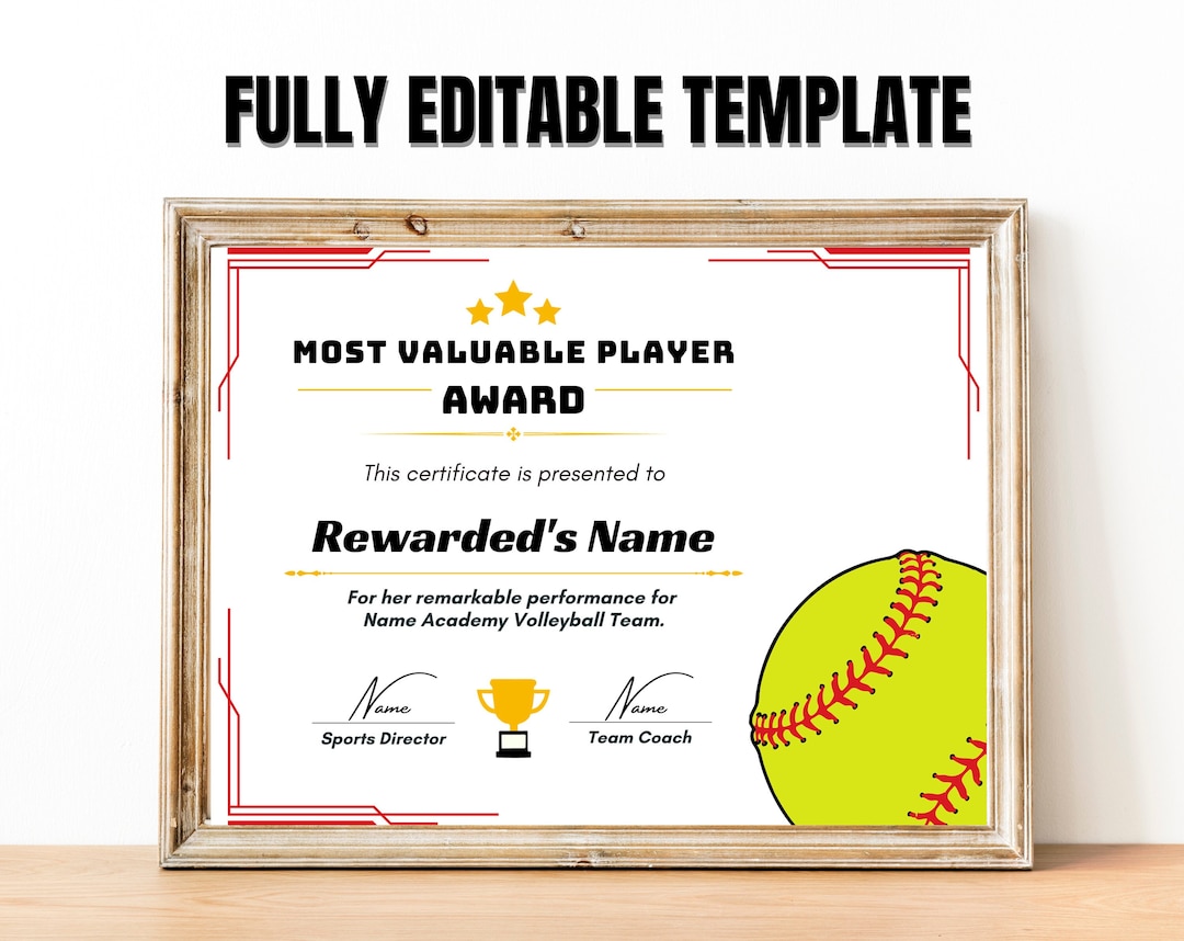 Editable Softball Award Certificate, Team Party Printable, Canva ...