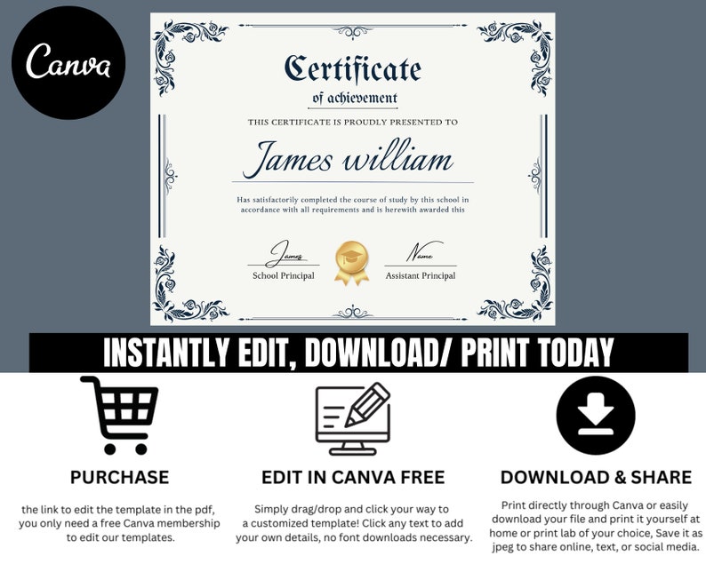 Editable Certificate of Achievement Template, Homeschool Diploma (canva ...