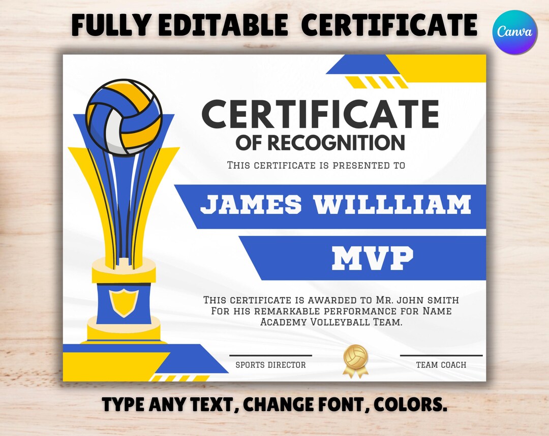 Editable Volleyball Award Certificate, End of Season Template (canva ...
