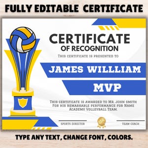 Editable Volleyball Award Certificate, End of Season Template (canva ...