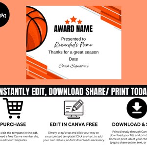 Editable Basketball Certificate Award Canva Template, Printable ...
