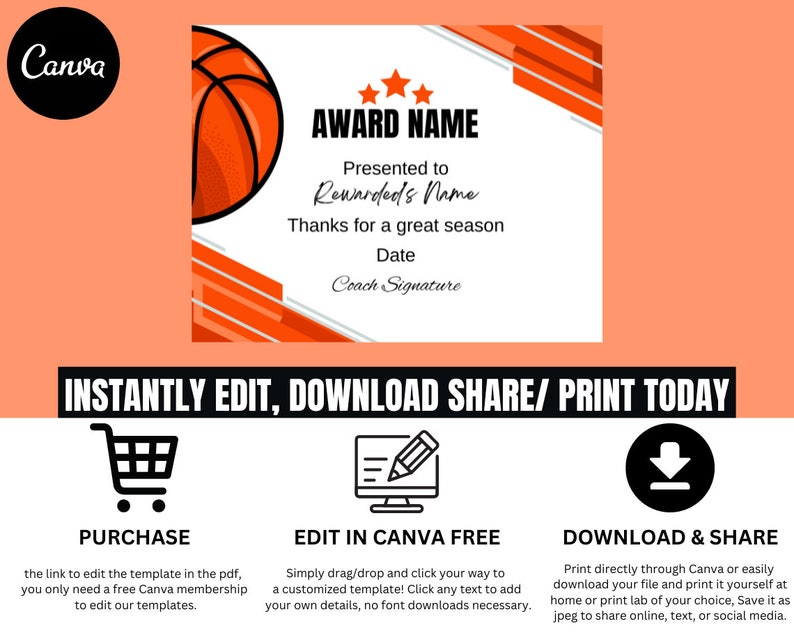 Editable Basketball Certificate Award Canva Template, Printable ...