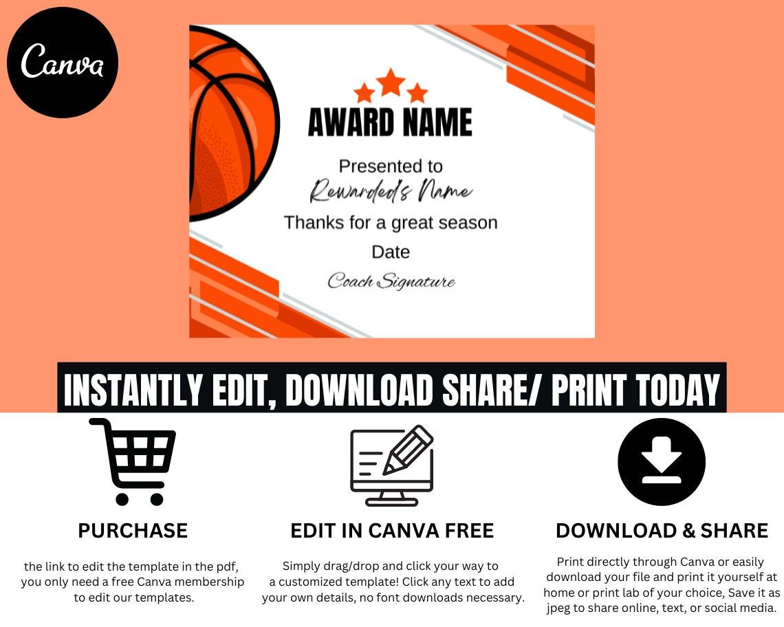 Editable Basketball Certificate Award Canva Template, Printable ...