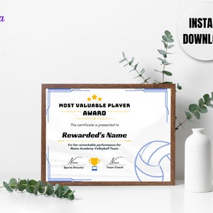 Editable Volleyball Certificate Award Canva Template,printable ...