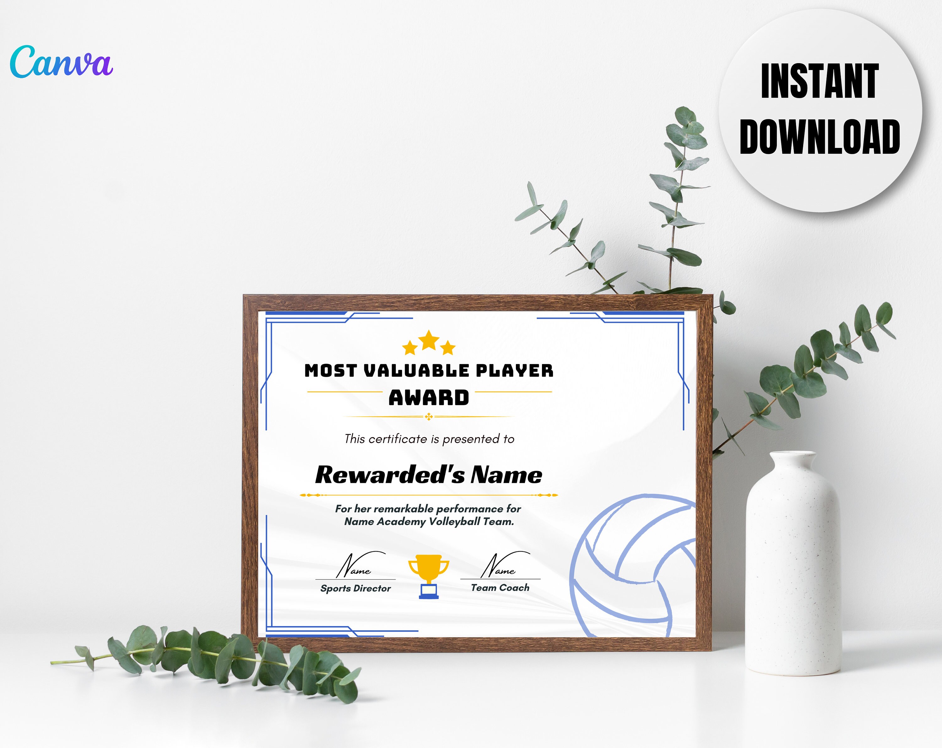 Editable Volleyball Certificate Award Canva Template,printable ...