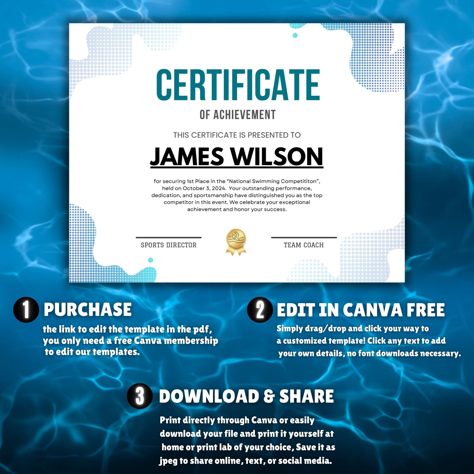 Editable Swimming Certificates Award Canva Template, Custom Swimming ...