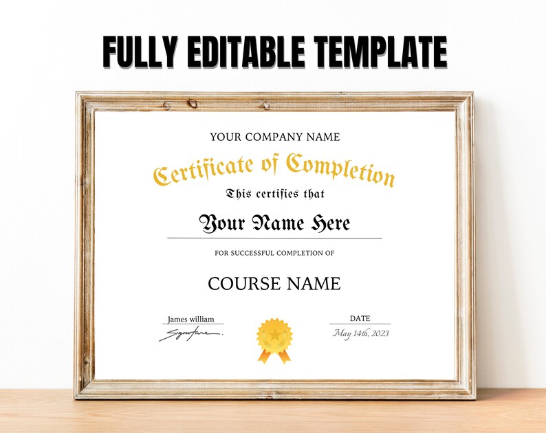 Simple Editable Certificate of Completion Template Printable - Etsy