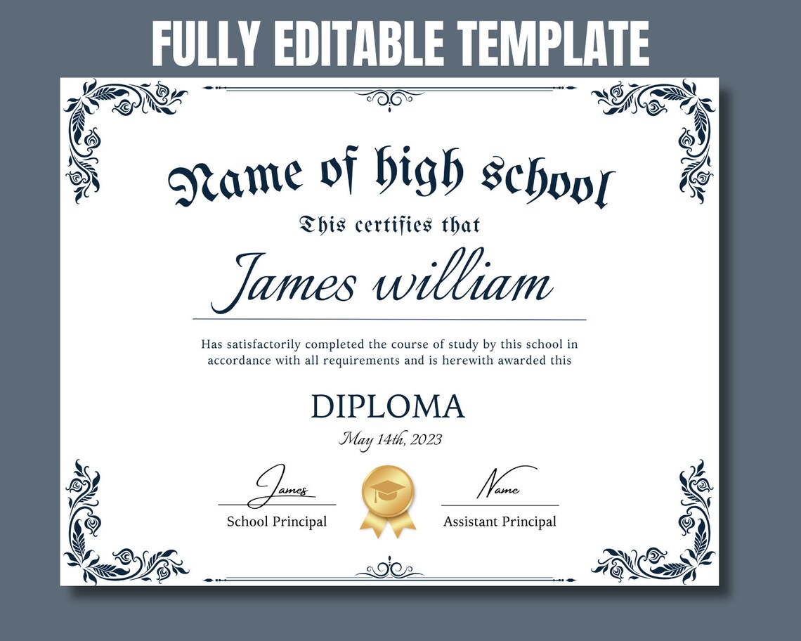 High School Diploma Template Editable General Equivalency Diploma ...