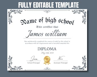Editable High School Diploma Template, Printable Homeschool Diploma ...