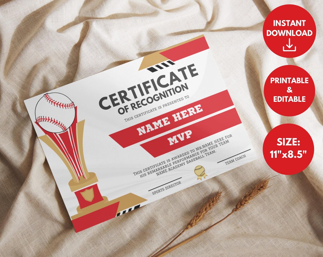 Custom Baseball Certificate Award Canva Template, Printable Baseball ...