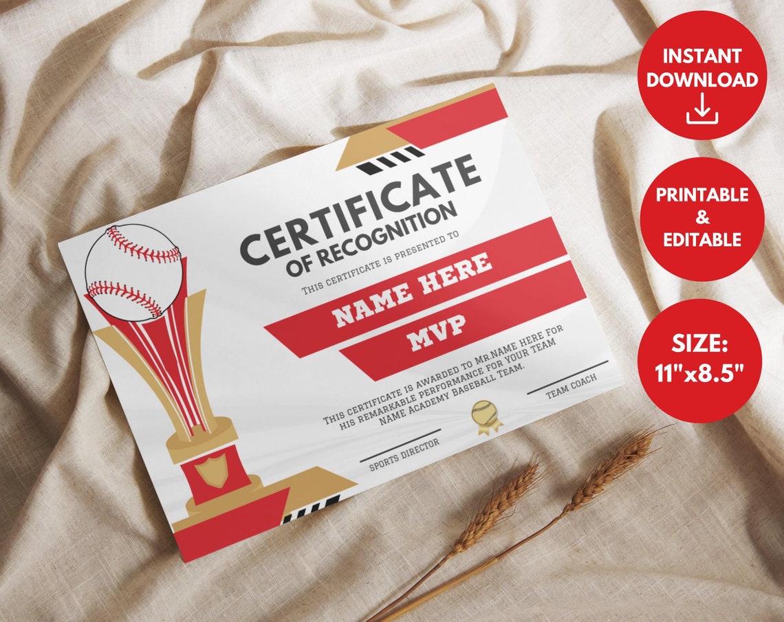 Editable Baseball Award Certificate Canva Template (PDF) - Etsy