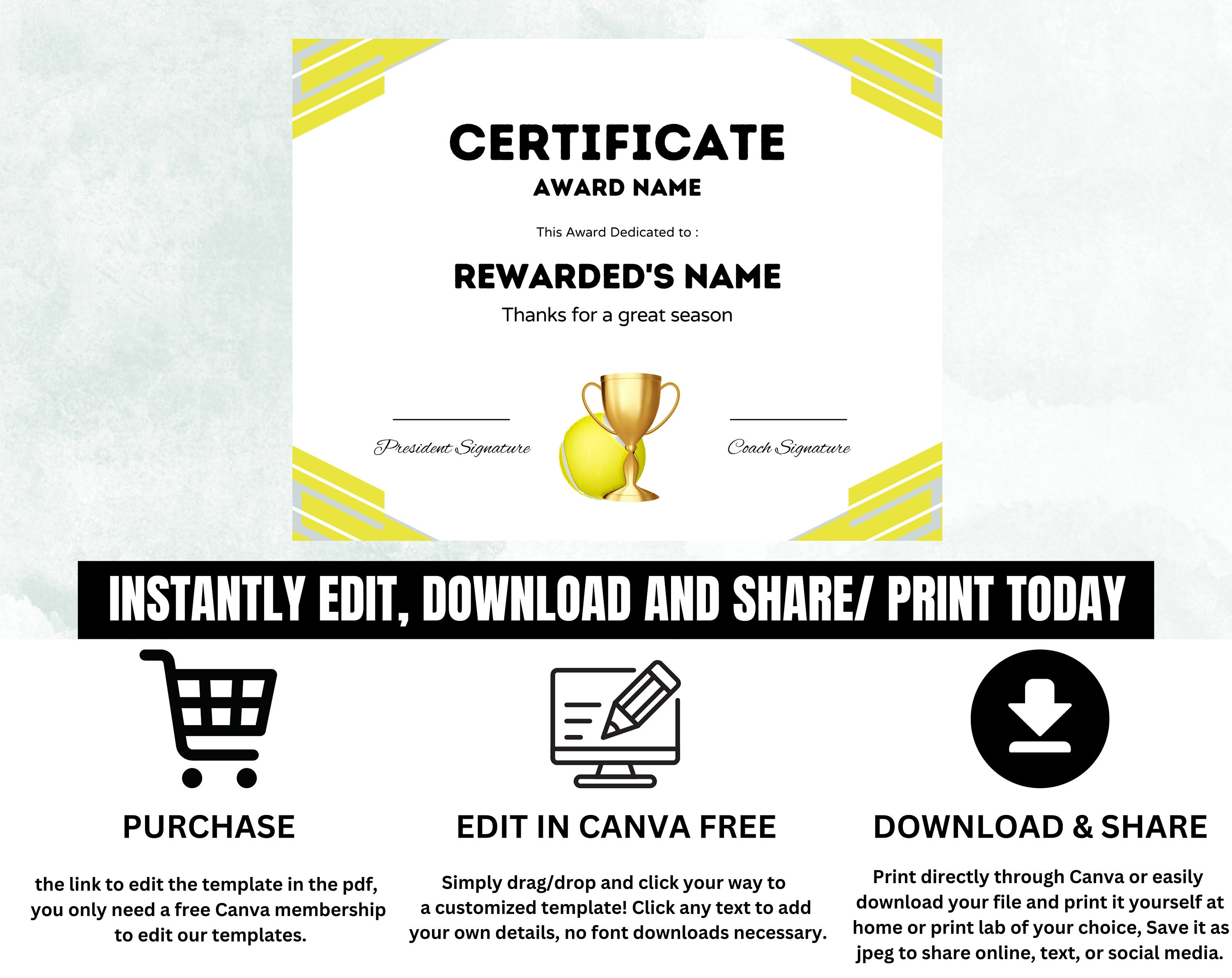 Editable Tennis Certificate Award Canva Template, Printable Tennis End ...