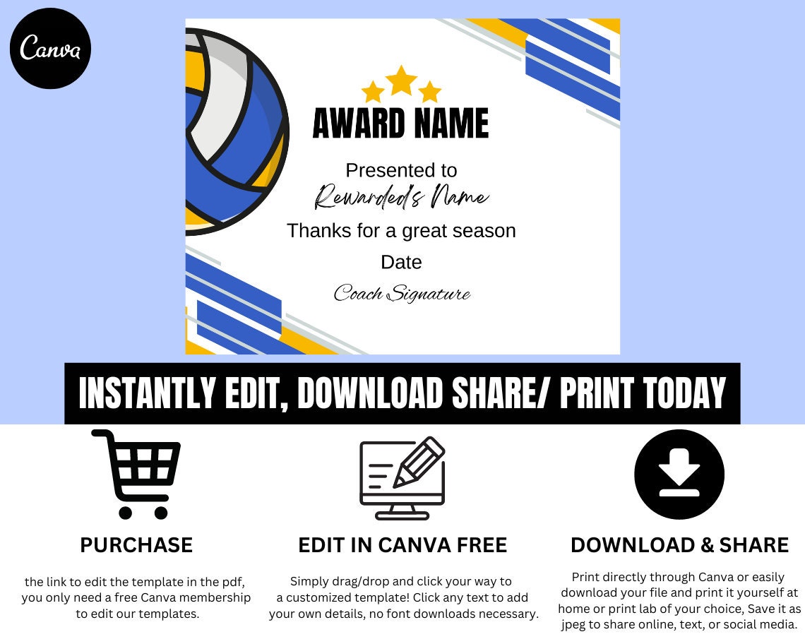 Editable Volleyball Certificate Award Canva Template,printable ...