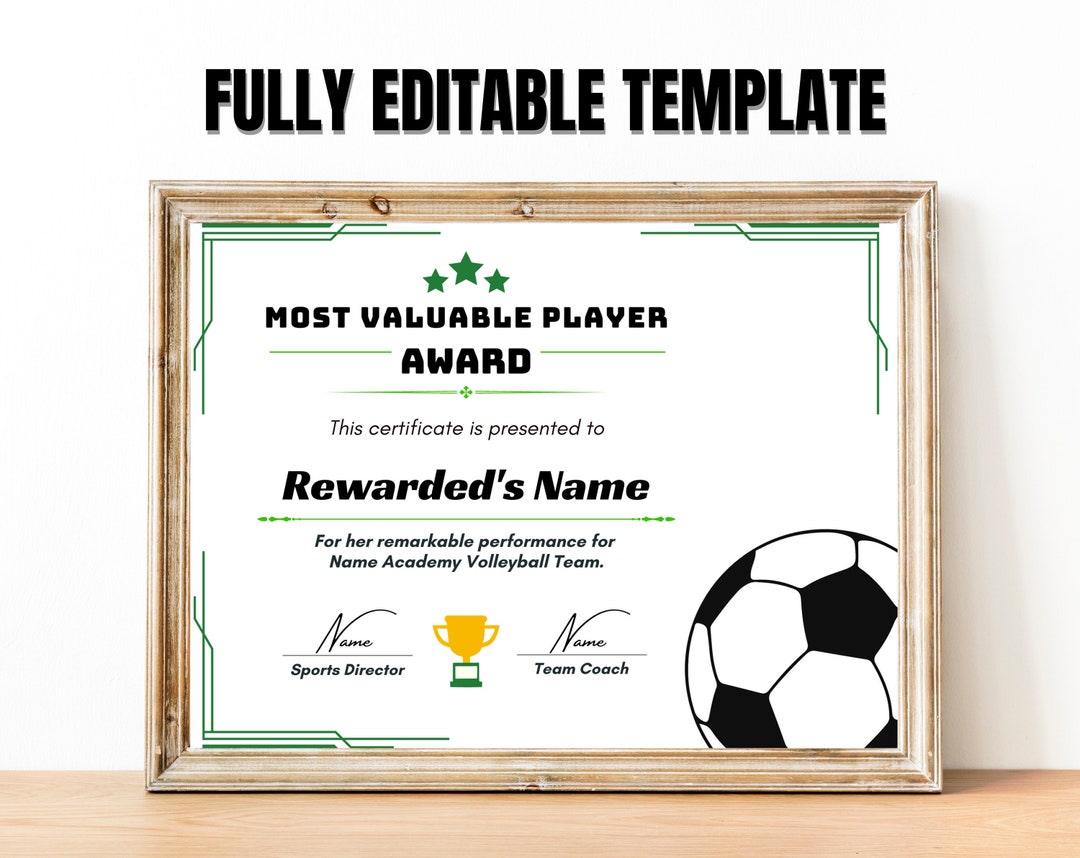 Soccer Award Certificate: Editable Canva Template (PDF File) - Etsy