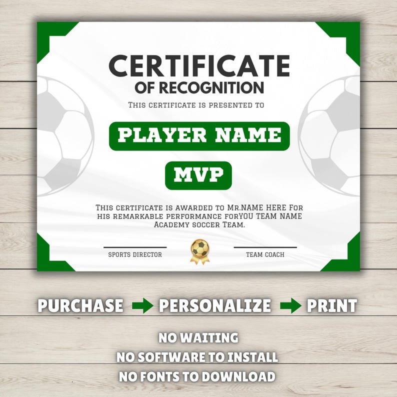 Editable Soccer Certificate Award Printable Soccer End of Season Award ...