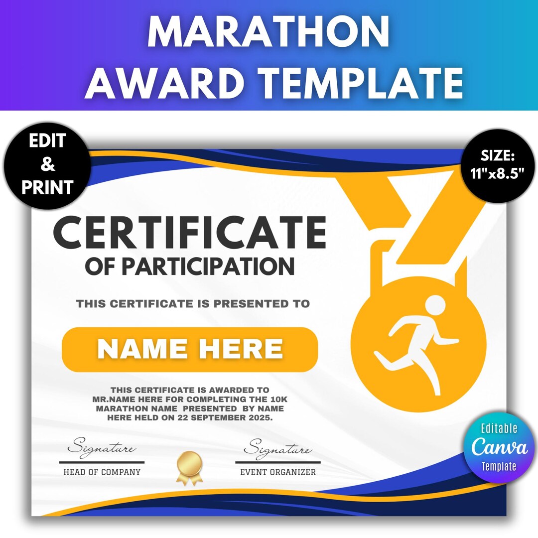 Marathon Award Certificate Template, Editable Running Award (canva) - Etsy