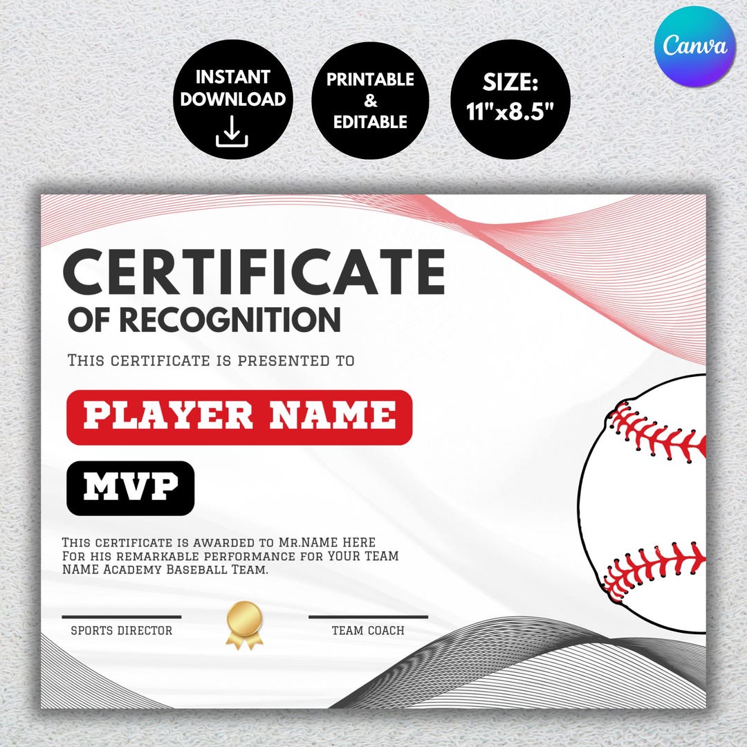 Editable Baseball Award Certificate Template (canva, 11x8.5) (digital ...